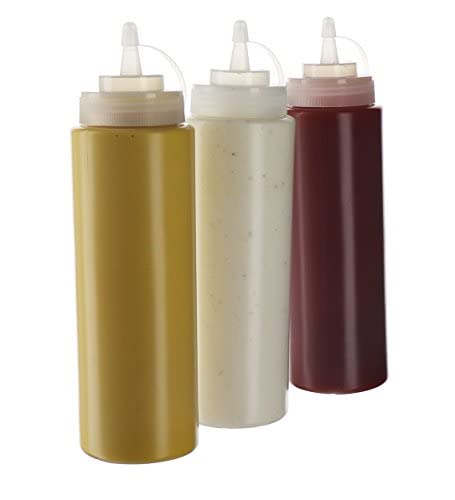 Oaklyn (3pk 24 oz Plastic Squeeze Squirt Condiment Bottles with Twist On Cap Lids - top dispensers for ketchup mustard mayo hot sauces olive oil - bulk clear bpa free bbq set