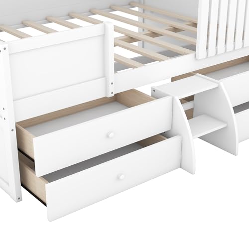 DRELOFT Full Size Low Loft Bed, Wooden House Shaped Loft Bed Frame with 4 Storage Drawers for Kids Teens Boys Girls, Easy Assembly, No Box Spring Needed, White