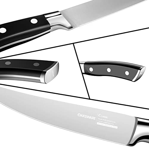 OAKSWARE Steak Knives Set of 8 with Block, 5 inch Non Serrated Steak Knife Set, 8 Pieces Professional Straight Edge Kitchen Table Dinner Knives - Forged German Steel - Full Tang Handle