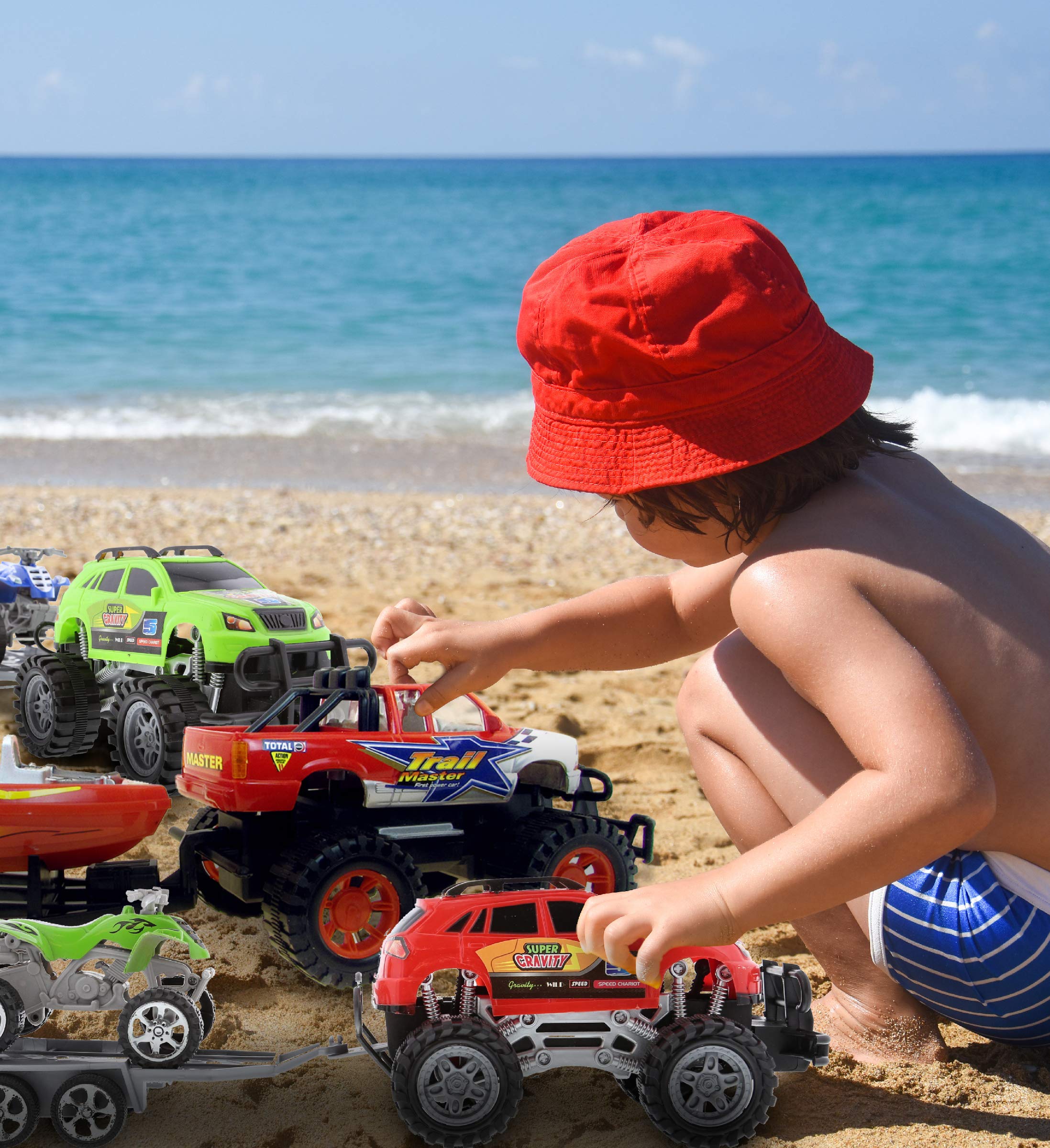 Mozlly Bundle of 2 Friction Powered Monster Trucks with ATV Trailer Playset, Push Powered Monster Truck with Speed Boat Transport Toys - Push & Go