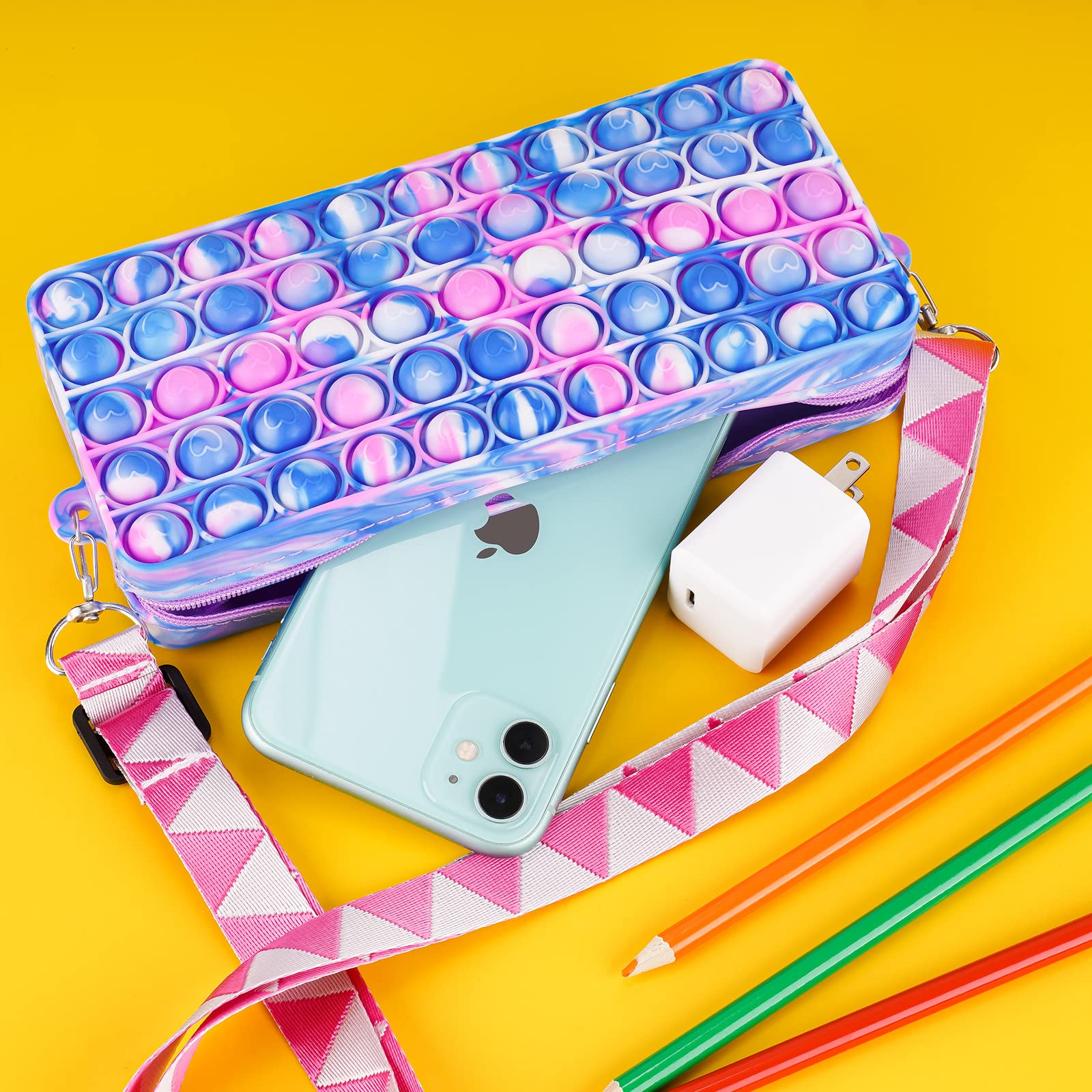 NiToy Push Pop Bubble Purse Fidget Sensory Toy+Dolphin Pop Keychain for Girls, Multicolor Popper Crossbody Shoulder Zipper Handbag Adjustable Belt Cosmetic Travel Case Storage