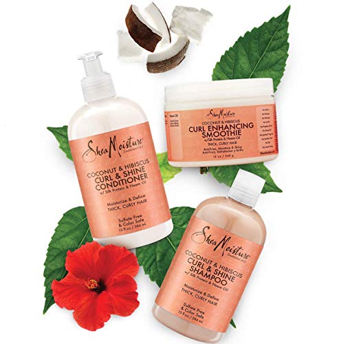 Shea Moisture Shampoo and Conditioner Set, Coconut and Hibiscus Curl & Shine 13-oz ea Bundled with Curl Enhancing Smoothie 12-oz. Curly Hair Products with Coconut Oil, Vitamin E & Neem Oil