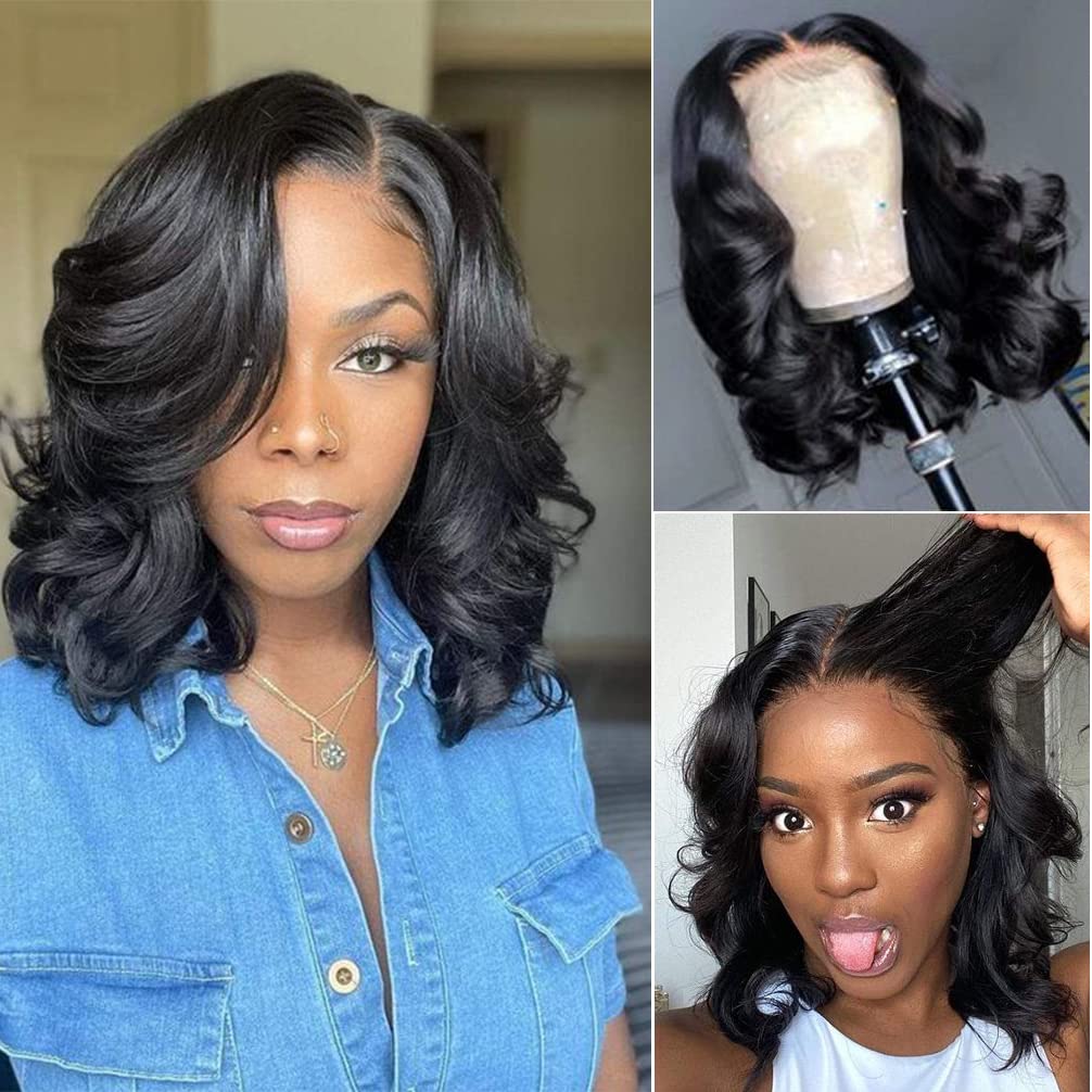 Bugtum Short Bob Human Hair Wig - 4x4 Lace Front, Pre-Plucked, Body Wave, Ocean Wave - Natural Color (10 Inch)