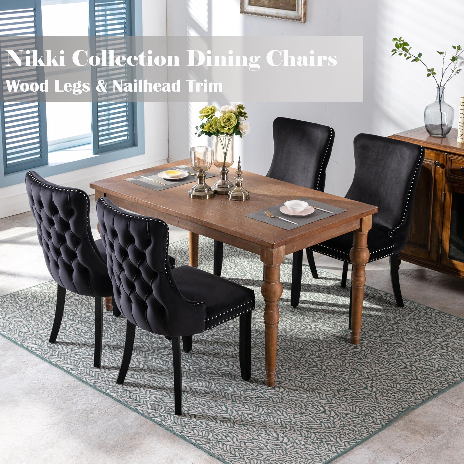 Black Velvet Dining Chairs Set of 4, Tufted Wingback Upholstered Dining Room Chairs with Solid Wood Legs, Mid Century Modern Dining Chair for Dining Room,Living Room,Kitchen(Black)