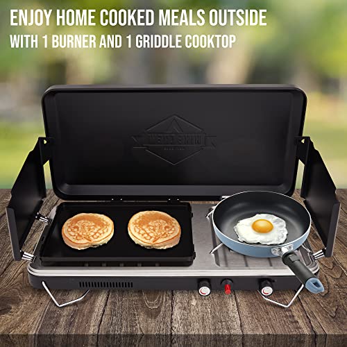 Hike Crew 2-in-1 Gas Camping Stove | Portable Propane Grill/Stove Burner w/Integrated Igniter & Stainless Steel Drip Tray | Built-in Carrying Handle, Foldable Legs & Wind Panels | Includes Regulator