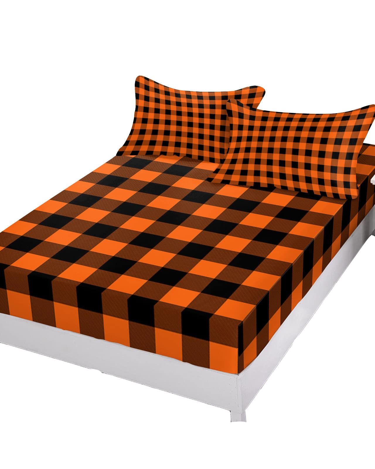 Farmhouse Orange Black Buffalo Plaid Fitted Bed Sheets Full Size Fit 5-16inch Deep Pockets,Luxury Bottom Sheet Bedding Set with Pillow Case,Gingham Lattice Fitted Sheet for Mattress