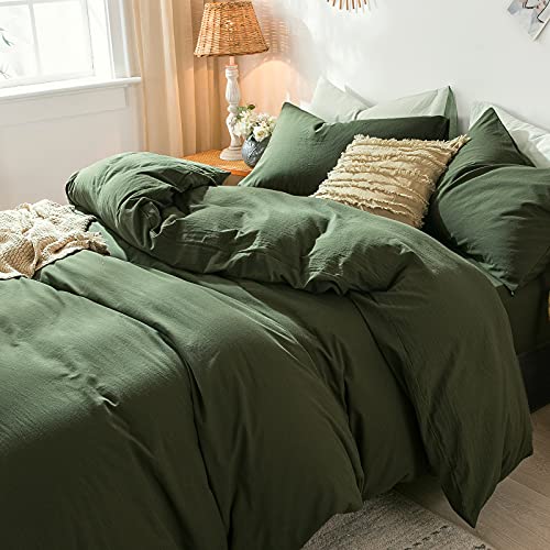 MooMee Bedding Duvet Cover Set 100% Washed Cotton Linen Like Textured Breathable Durable Soft Comfy (Olive Green, King Size)