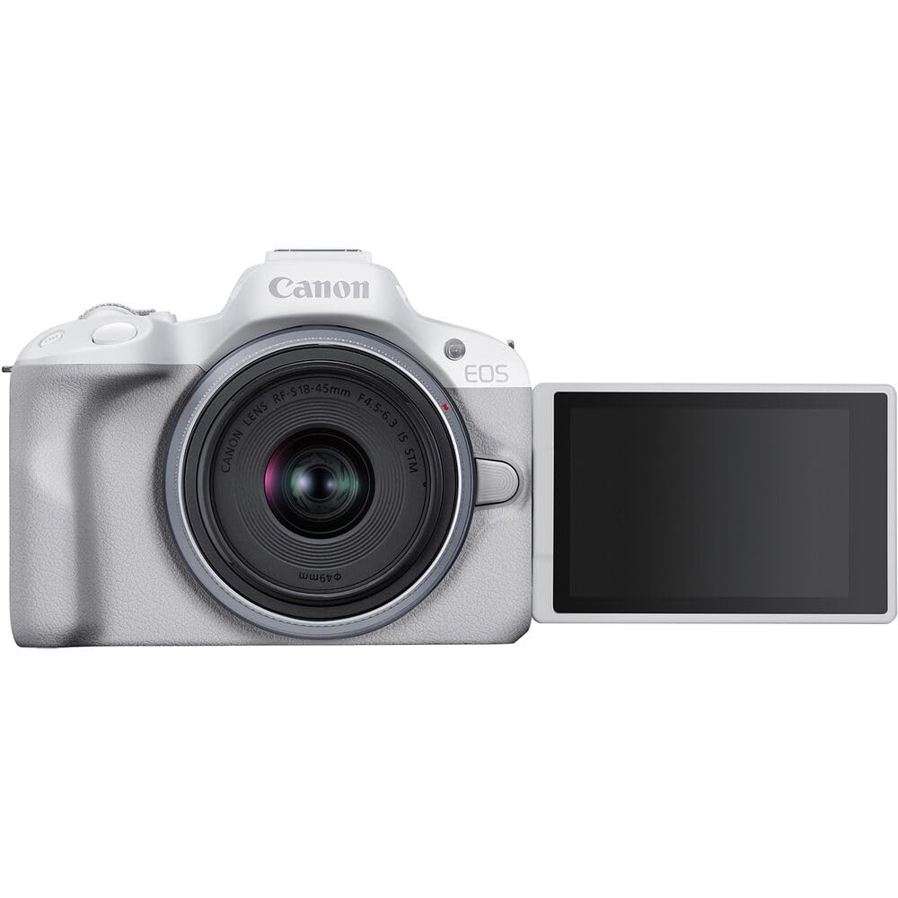 Canon EOS R50 Mirrorless Camera with 18-45mm Lens | White Bundled with 64GB Memory Card + 49mm UV Filter + Camera Case with Rain Cover + Microfiber Cleaning Cloth (5 Items)
