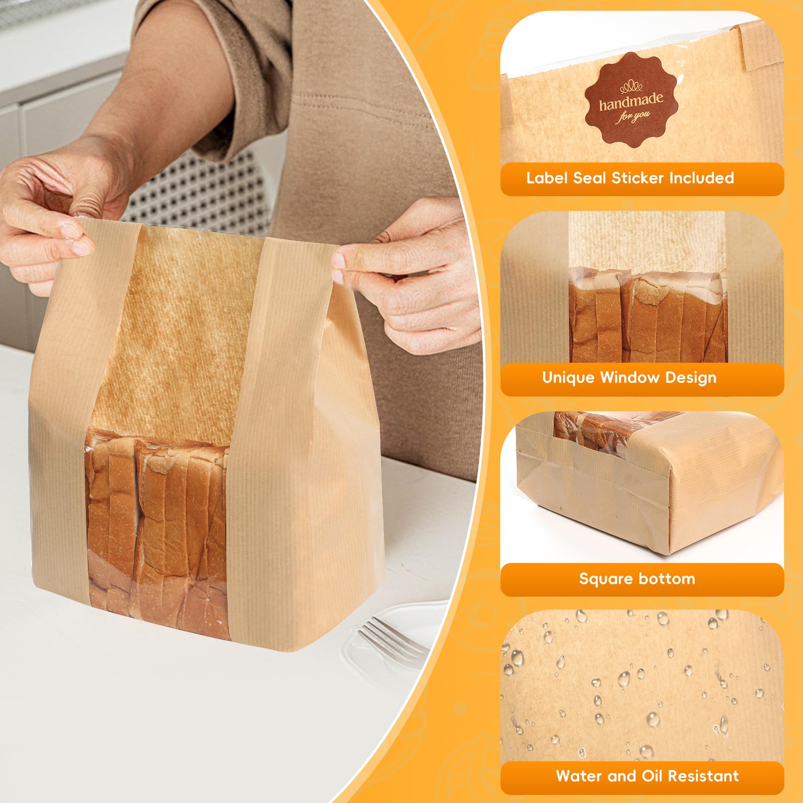 Funcoo 100 Pcs Paper Bread Bags for Home Bread Sourdough Bread Bakery Storage Bags with Window,Large Bakery Bread Loaf Bags for Baked Goods Packaging,Label Seal Sticker Included …