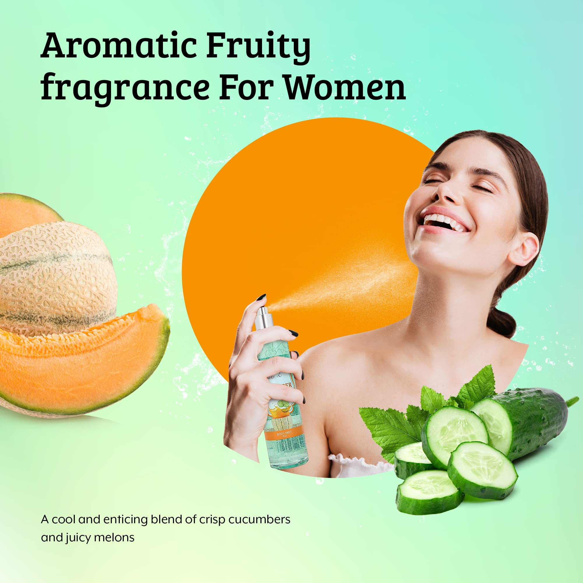 Cucumber Melon Fine Fragrance Body, Womens Perfume Fragrance Body Mist & Sprays, Women's Refreshing Scented Gifts & Presents 8 oz Fine Mist Spray Bottle
