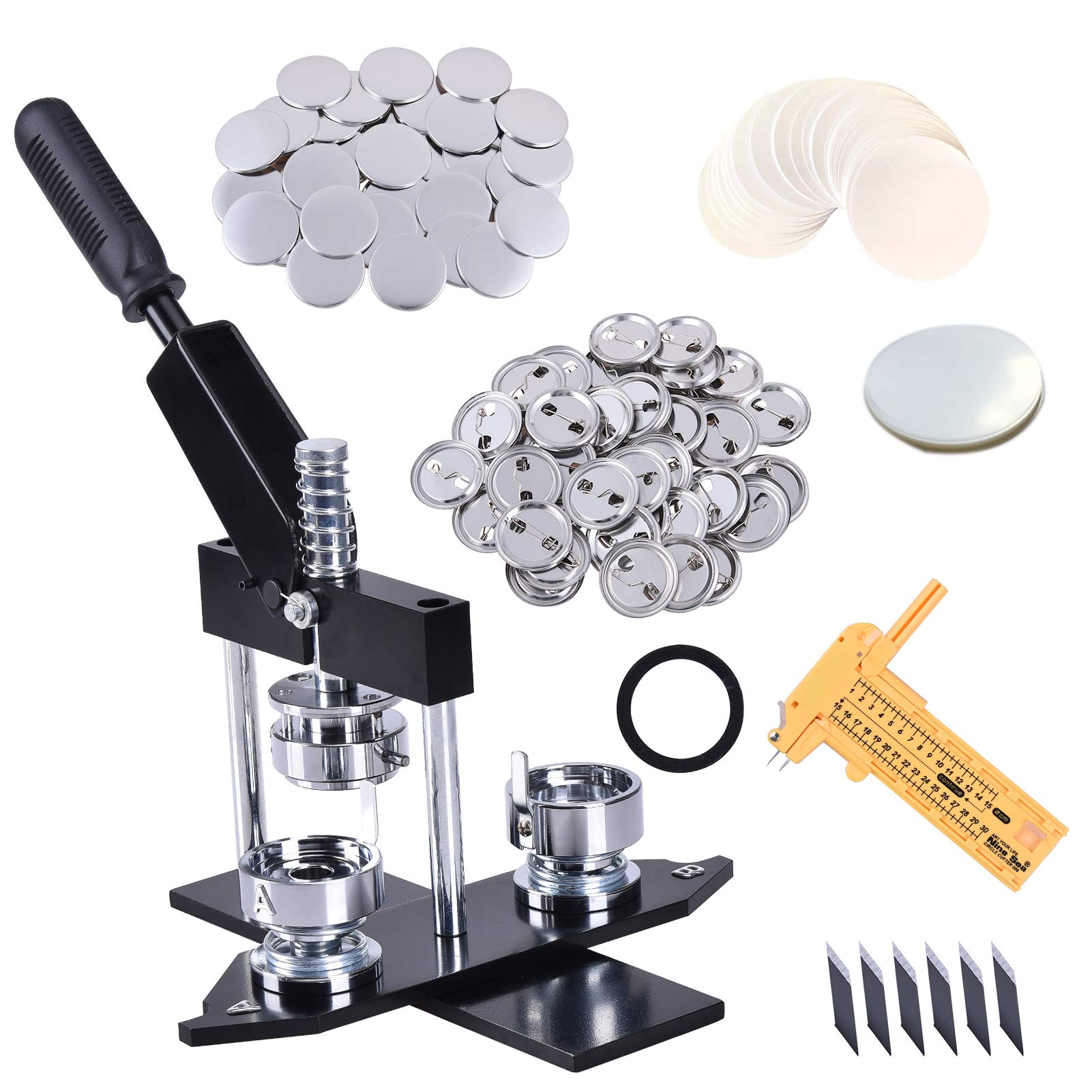 Button Maker Machine Button Press Button Pin Maker Machine Badge Maker Pin Press Set with 500pcs Free Button Parts + Plastic Circle Cutter (32mm 1¼ in)