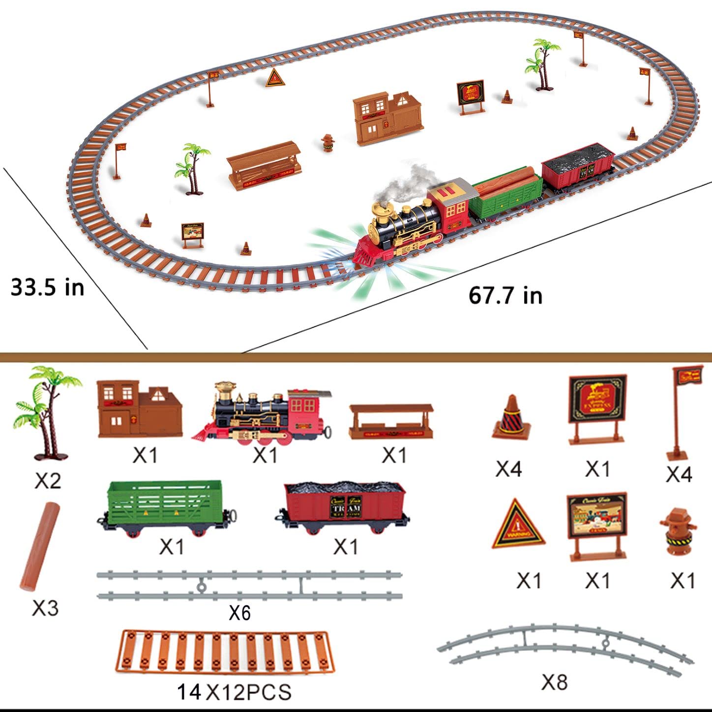 Ouriky Train Set - Electric Steam Train Set Toy for Kids with Smokes, Lights & Sounds, Railway Kits, Cargo Car & Tracks, Christmas Train Sets Under The Tree Gift for Boys Girls