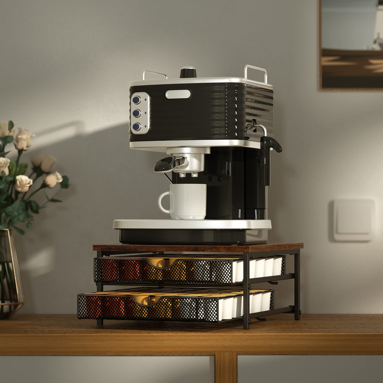 Coffee Pod Drawer Holder Capsule Storage Organizer 2 Tier Coffee Pods Holder With Sliding Baskets for 72 Capacity K Pod, Suit for Home Office Cafe Counter (Black)
