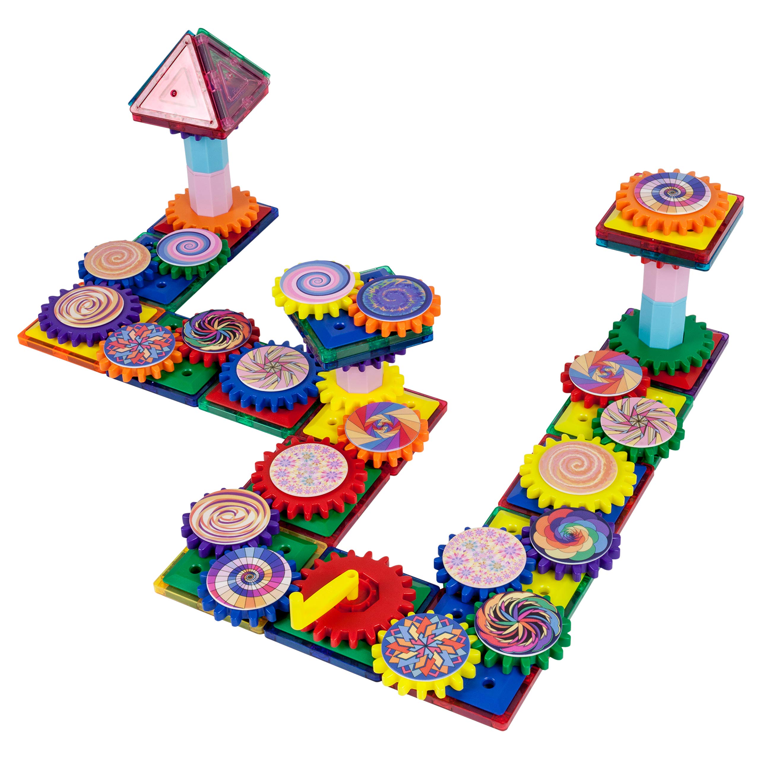 PicassoTiles 101 Master Builder Magnetic Building Block Toy Set Construction Magnet Tile Blocks Education Toys with 22 Optical Illusion Spinning Disk, 27 Gear Wheels and Engineering Columns PTW101