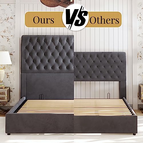 Jocisland Lift Up Storage Bed Queen Size Velvet Upholstered Sleigh Platform Bed Frame/52.4" Deep Button Tuft Headboard/Hydraulic Storage/Easy Assembly/Dark Grey