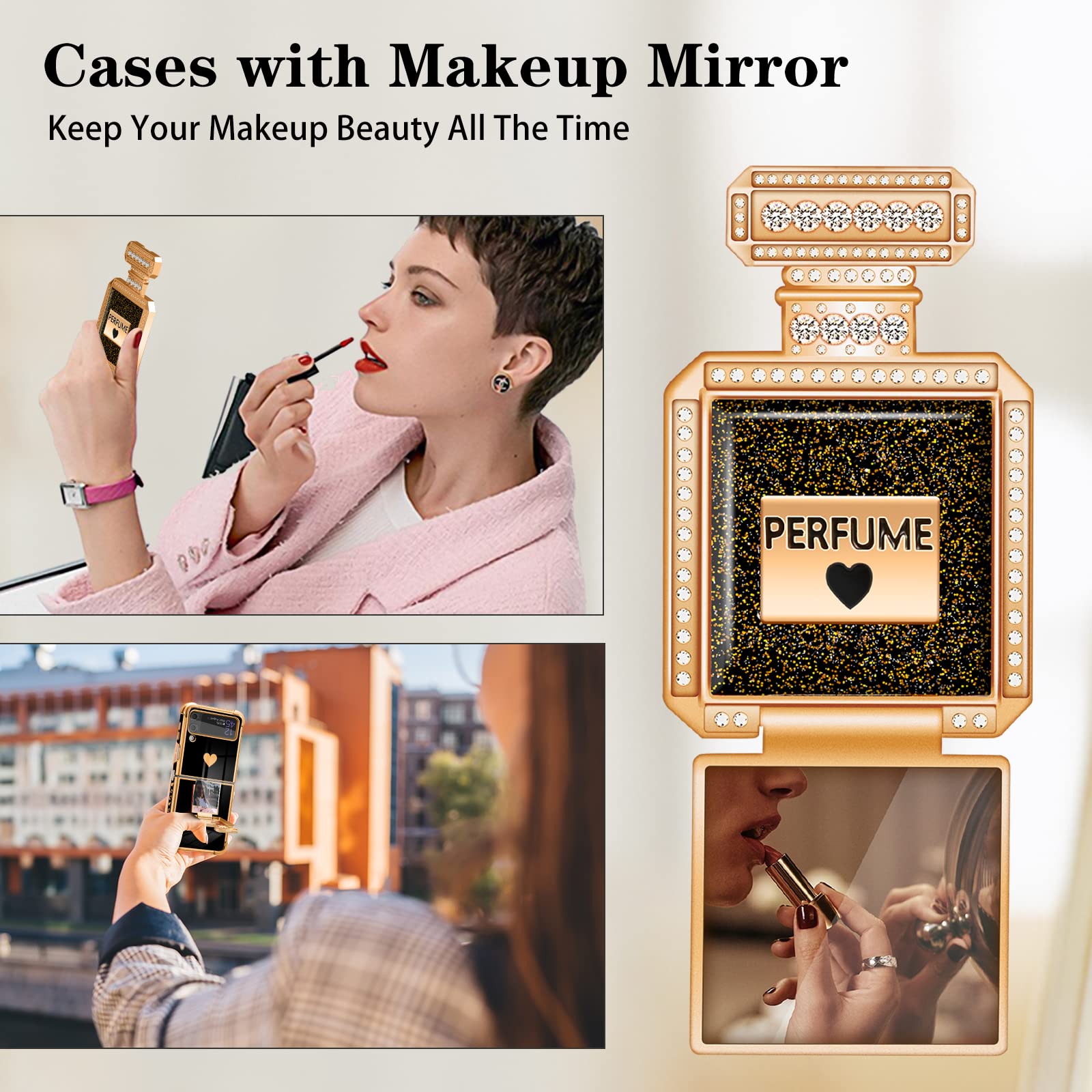 Buleens Luxury Z Flip 4 Case - Heart Metal Perfume Bottle Stand, Mirror, 6.7" Black Phone Cover