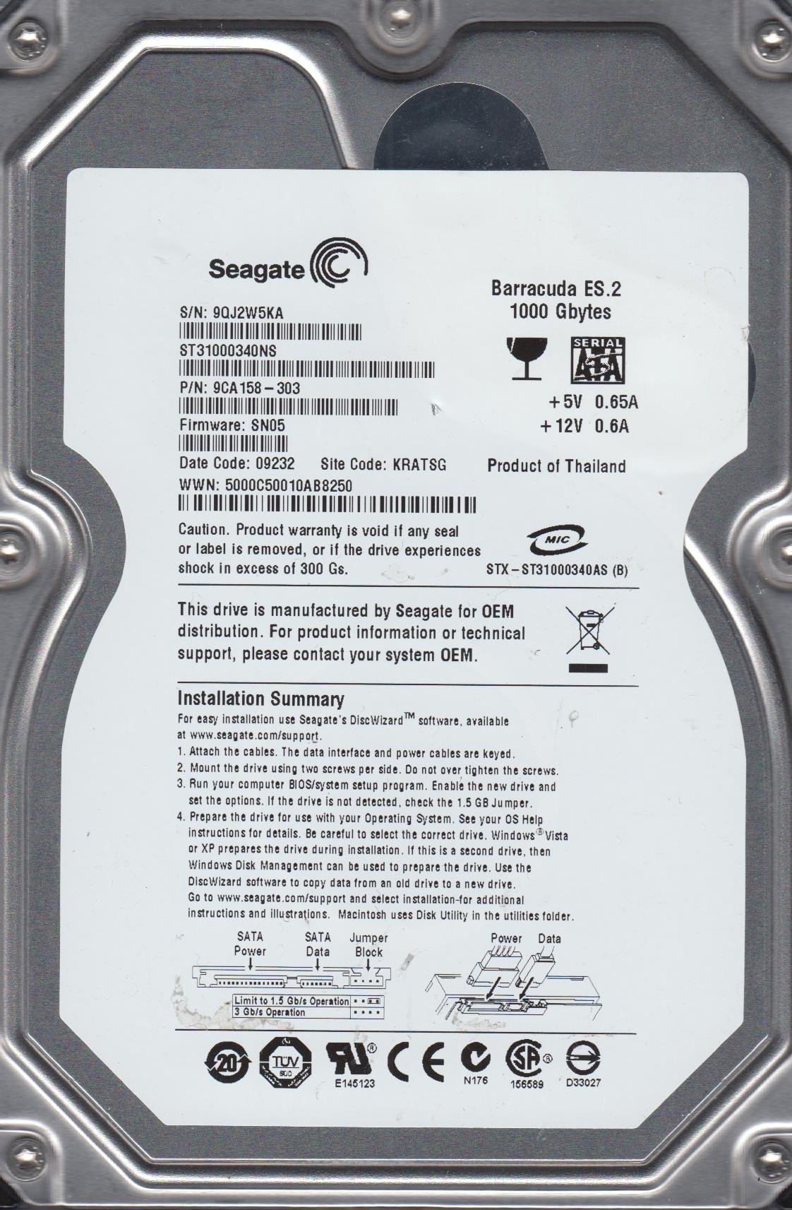 Seagate Barracuda ES 1 TB 7200RPM SATA 3Gb/s 32 MB Cache 3.5 Inch Internal Hard Drive ST31000340NS-Bare Drive