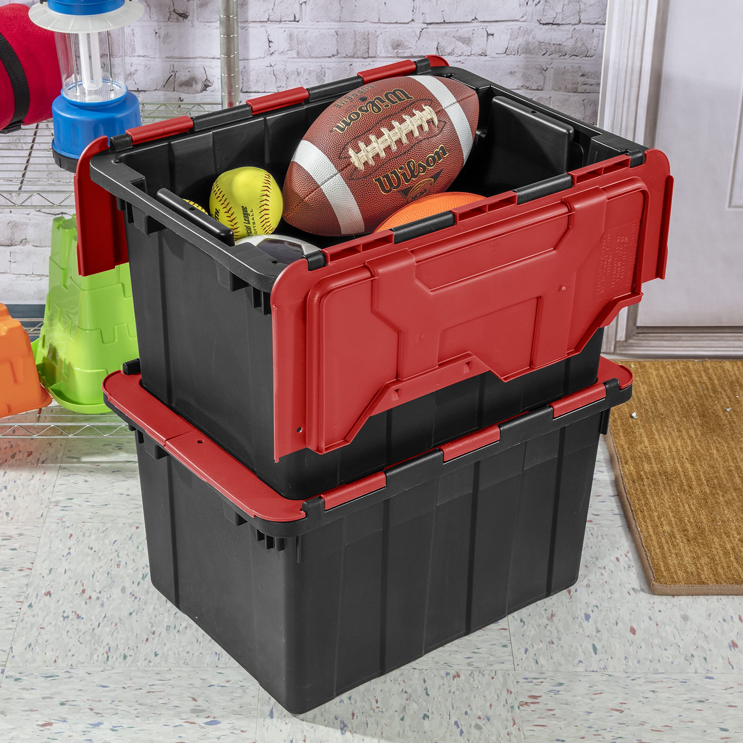 HeduSa 12 Multifunctional Gallon hinged Lid Industrial Tote Plastic Storage Container for Storage and Organization, black, set of 6 to bring order to garages, basements and attics