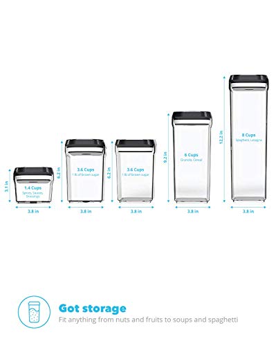 Zeppoli Air-Tight Food Storage Container Set | 5-Piece Set - Durable Plastic - BPA Free - Clear Plastic with Black Lids (2.0 qt/2.3 liters) (1.5 qt./1.7 liters) (0.9qt/1.0 liter) (0.35qt/ 0.38 liter)