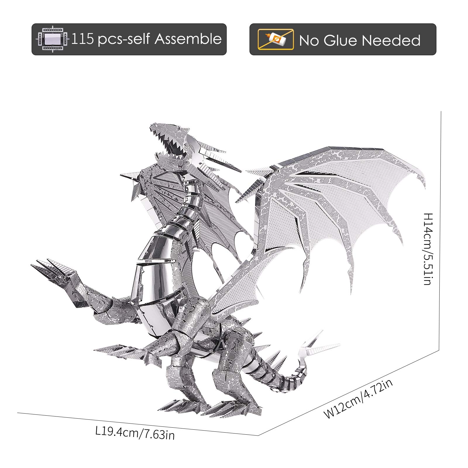 Piececool 3D Metal Puzzle Model Kits- Dragon Flame Metal Building Kit for Adults, Brain Teaser DIY 3D Dragon Puzzles Model Kits STEM Toys for Teens Men Family, 115 Pcs