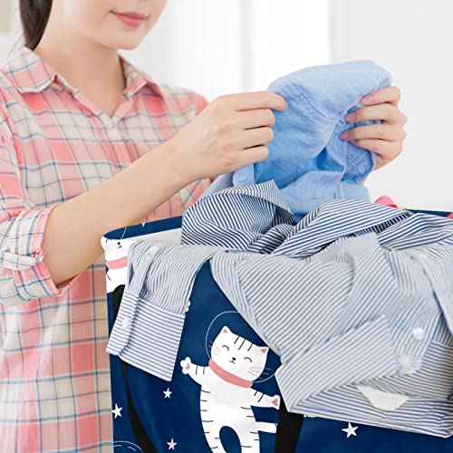 Fly in Space Cat Stars Print Collapsible Laundry Hamper, 60L Waterproof Laundry Baskets Washing Bin Clothes Toys Storage for Dorm Bathroom Bedroom