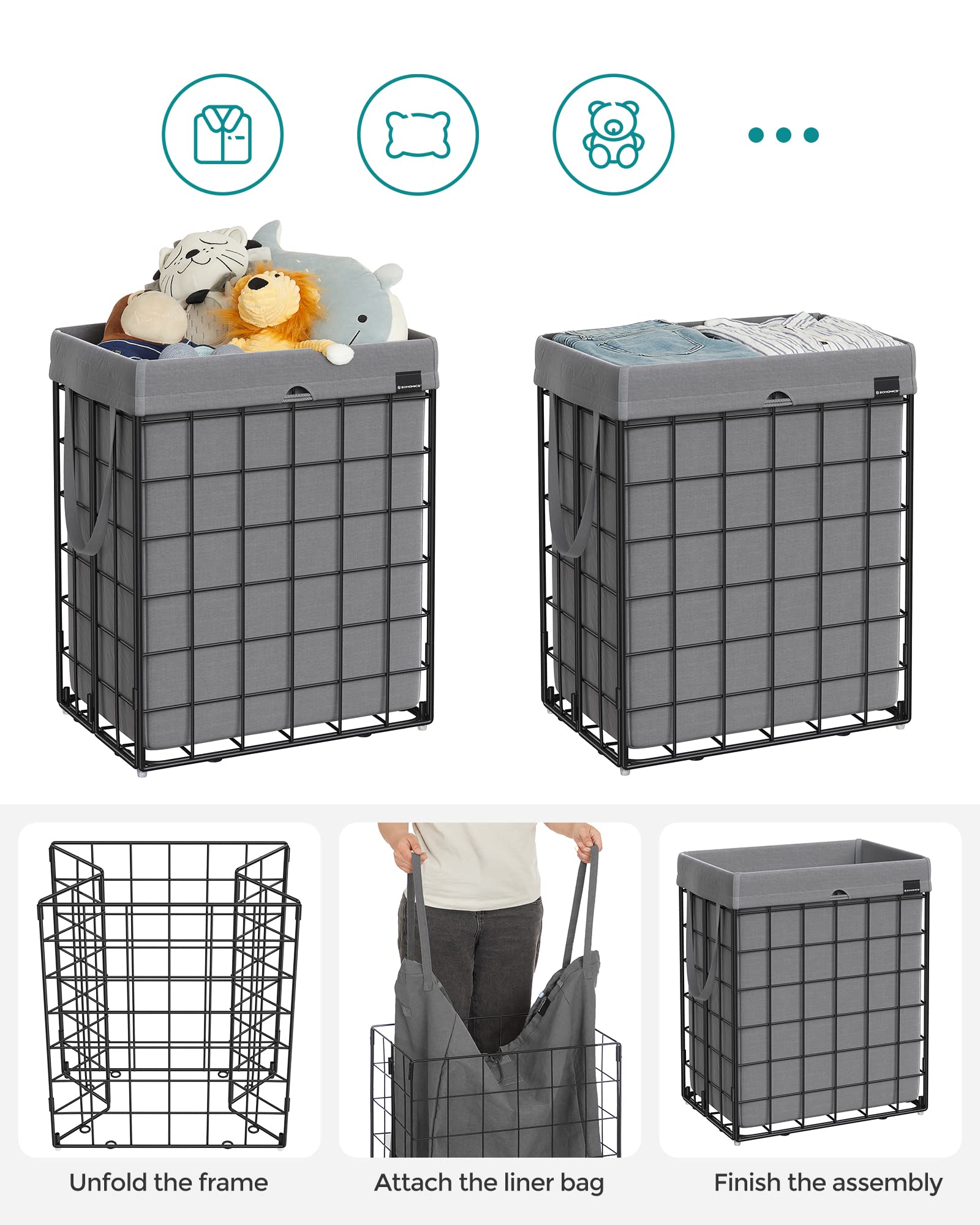 SONGMICS Laundry Hamper, 23.8 Gal. (90L) Laundry Basket, Collapsible Clothes Hamper, Removable and Washable Liner, Metal Wire Frame, for Bedroom Bathroom, Black and Gray ULCB190G01
