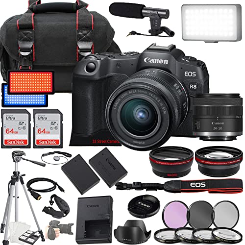 Canon EOS R8 Mirrorless Camera w/RF 24-50mm f/4.5-6.3 is STM Lens + 2X 64GB Memory + Case + Microphone + LED Video Light + More (35pc Bundle)