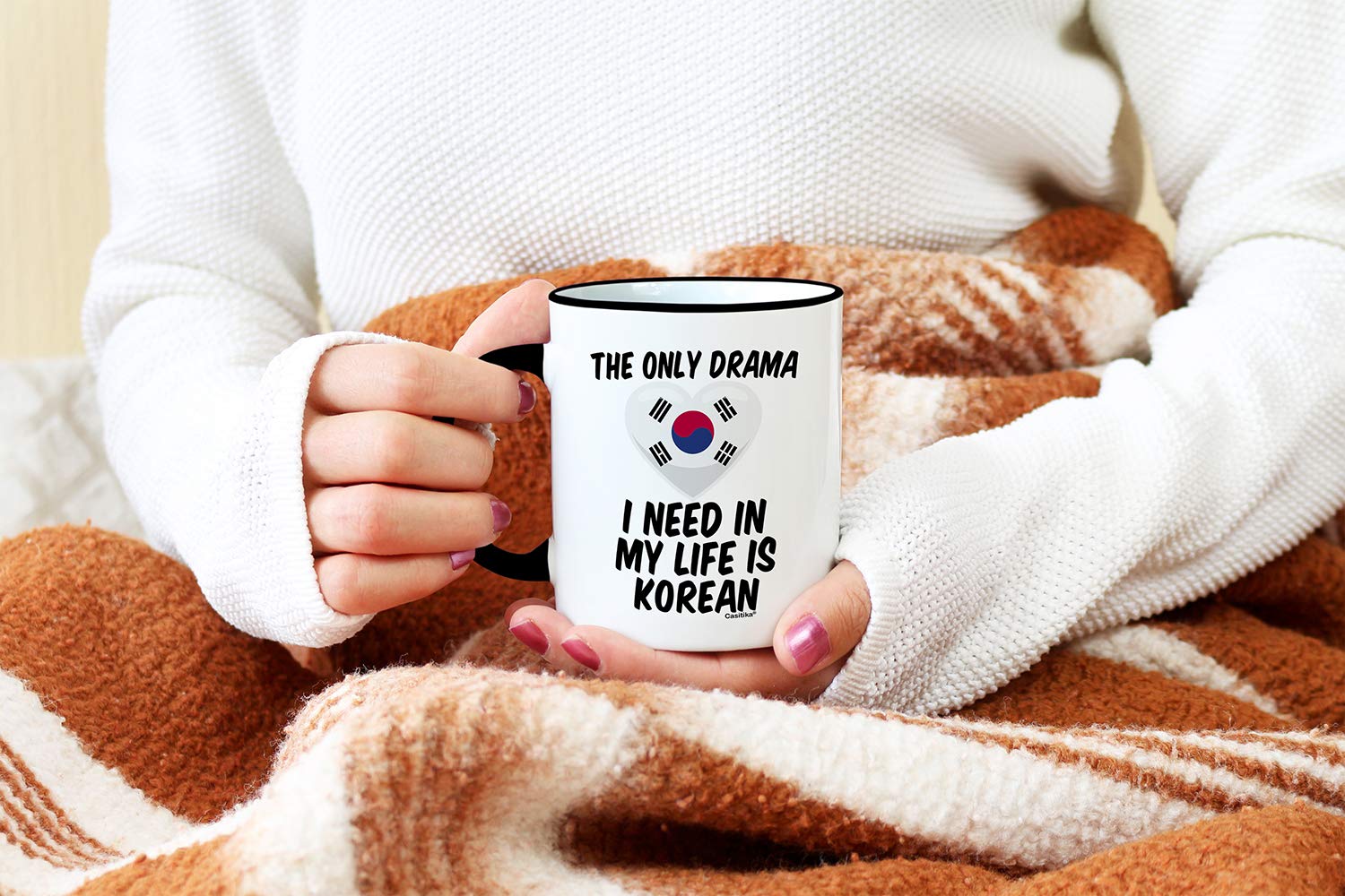 Casitika Kdrama Mugs. 11 oz Korean Coffee Mug. The Only Drama I Need In My Life Is Korean. (11 oz Black Handle/Rim)