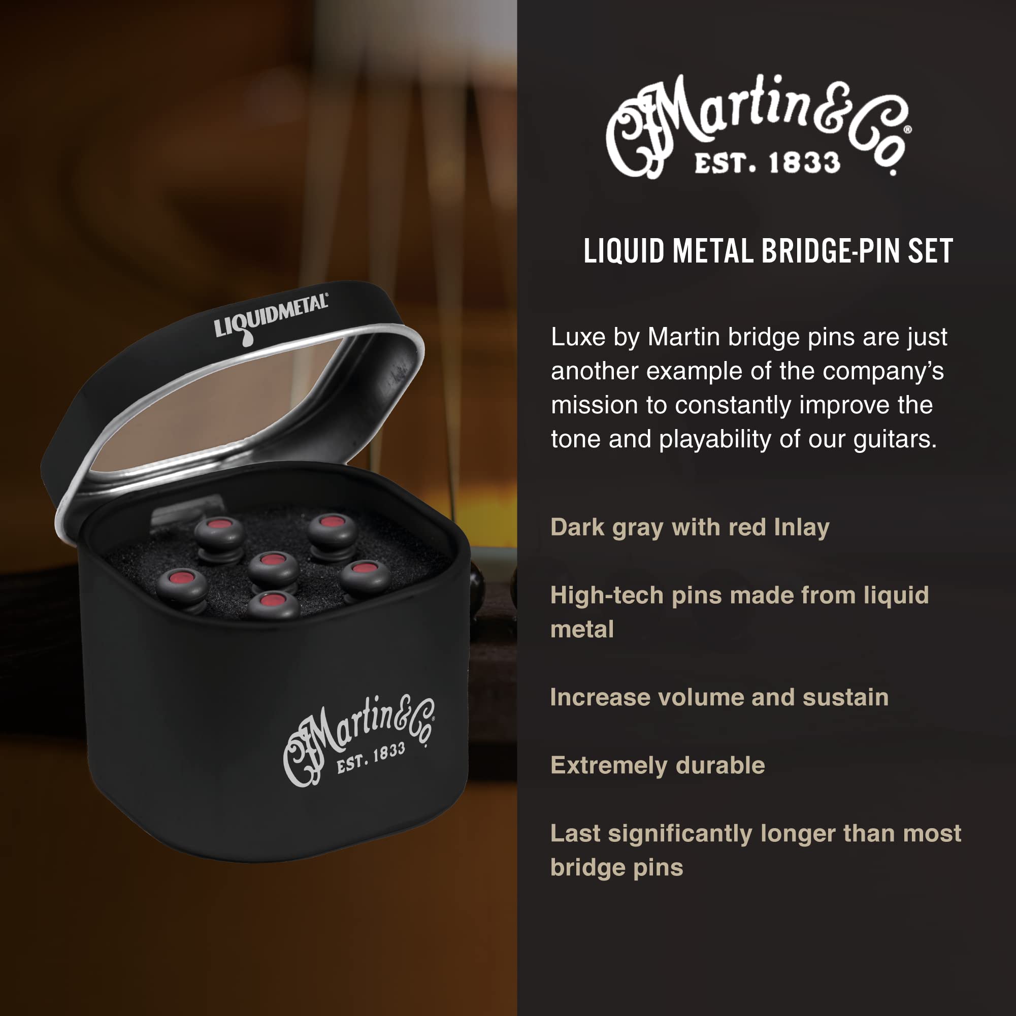 Martin Guitar LUXE by Martin Acoustic Guitar Bridge Pins, Acoustic Guitar Bridge-Pin Set, Matte Grey with Red Inlay, 6 Pins Per Pack