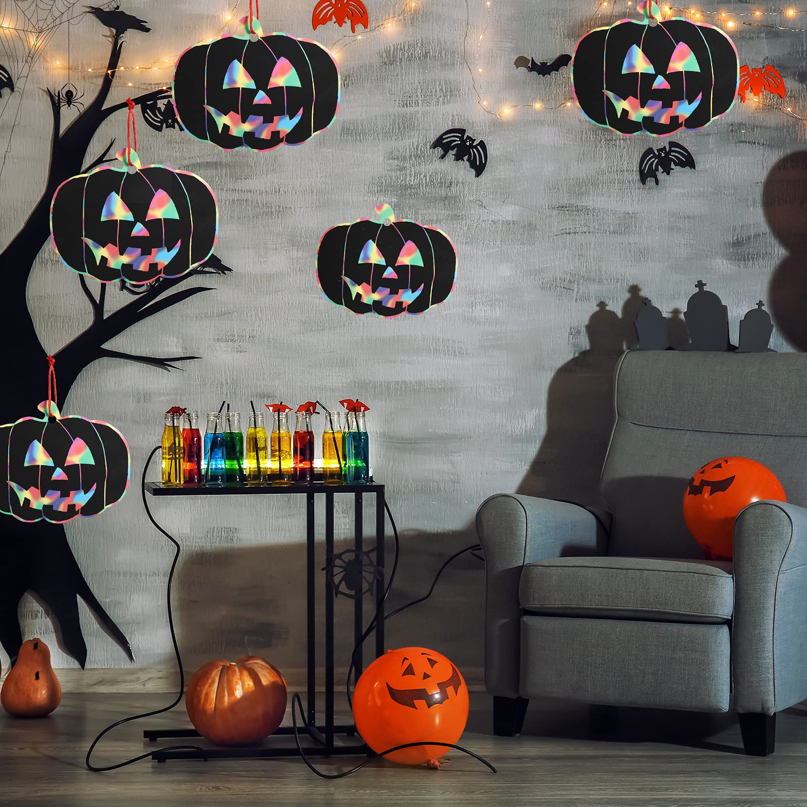 Outus 96 Pieces Halloween Scratch Paper, Halloween Pumpkins Crafts with Rainbow Colors, Halloween Pumpkins Art Paper Crafts Kit, Pumpkin Ornaments