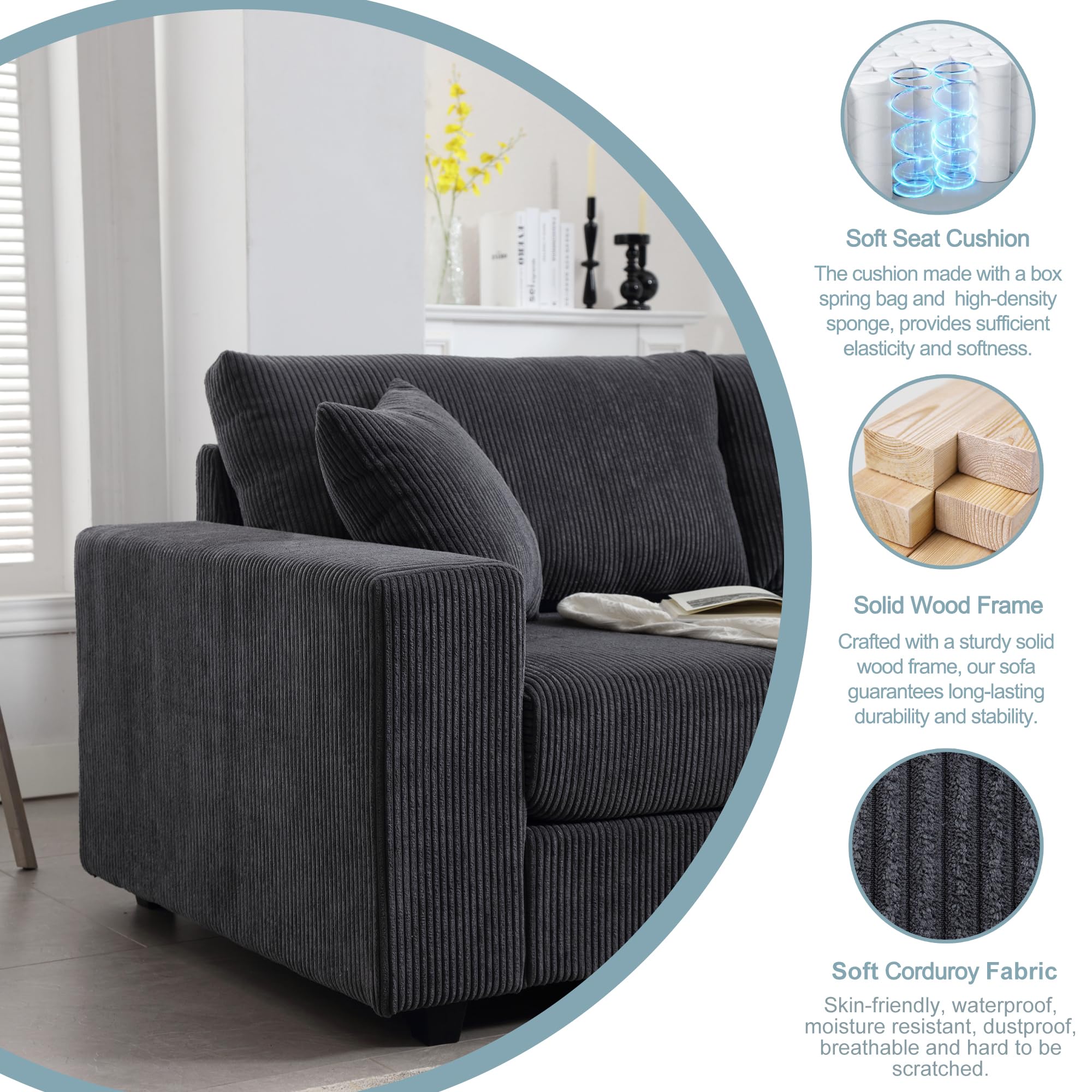 Familymill 117.2'' Oversized Symmetrical Modular Sectional Couches Set, Corduroy Upholstered Deep Seat Corner Sofa for Living Room (Dark Gray)
