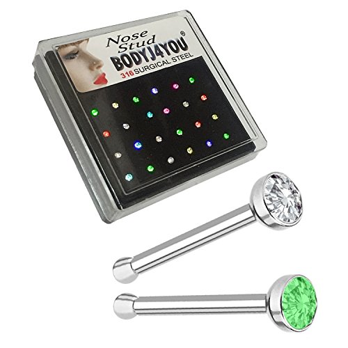 BodyJ4You 24PCS Nose Ring Bone Stud Pin Round Mix CZ 20G Stainless Steel Nostril Piercing Jewelry
