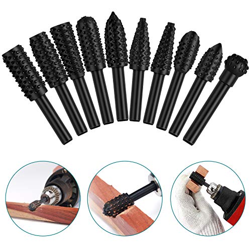EEEkit 10PCS Wood Carving File Rasp Drill Bit, 1/4" 6mm Rotary Rasp Drill Bit Set, DIY Woodworking Rotating Embossed Chisel Shaped Shank Tool Burr Power Tools for Engraving Polishing Grinding