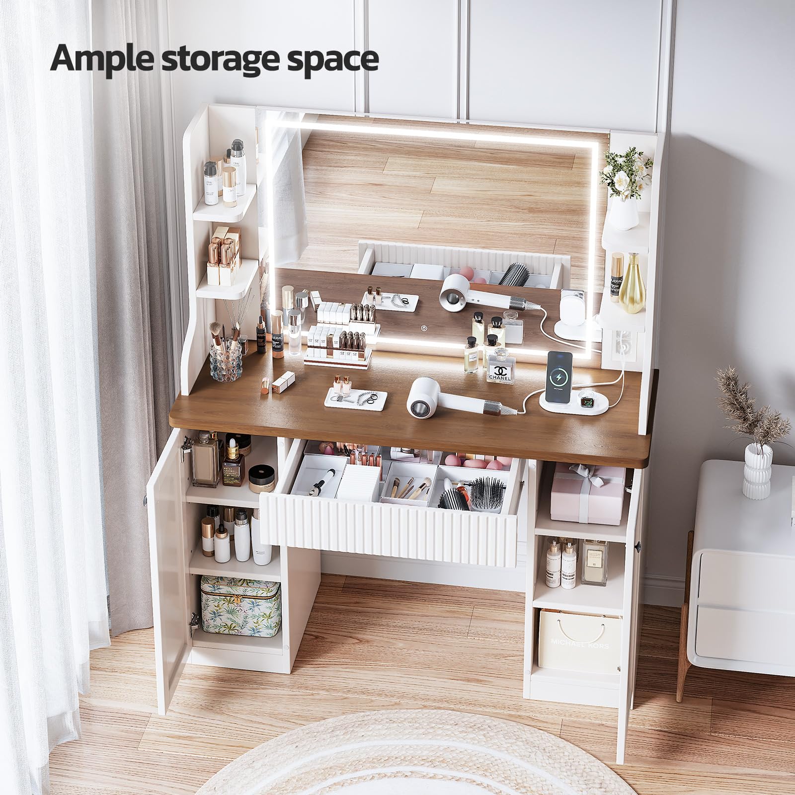 Dripex Makeup Vanity Desk with Mirror and Lights LED Makeup Table with Drawer, Cabinets, Power Strip, for Bedroom Dressing Table - White