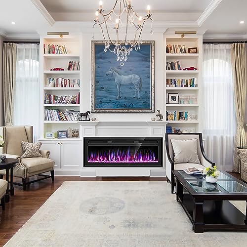 Hocookeper 60 inch Electric Fireplace, Wall Mounted and Recessed Fireplace Linear Fireplace Insert with Remote Control, Adjustable Flame Colors, Timer,750w/1500w, Black