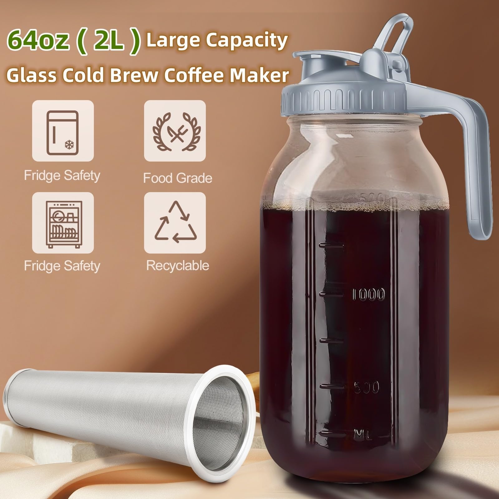 Cold Brew Mason Jar Coffee Maker, 64oz Cold Brew Coffee Pitcher, Durable Glass Mason Jar Cold Brew Coffee Maker With Handle & Stainless Steel Filter For Iced Coffee Tea Fruit Drinks Container