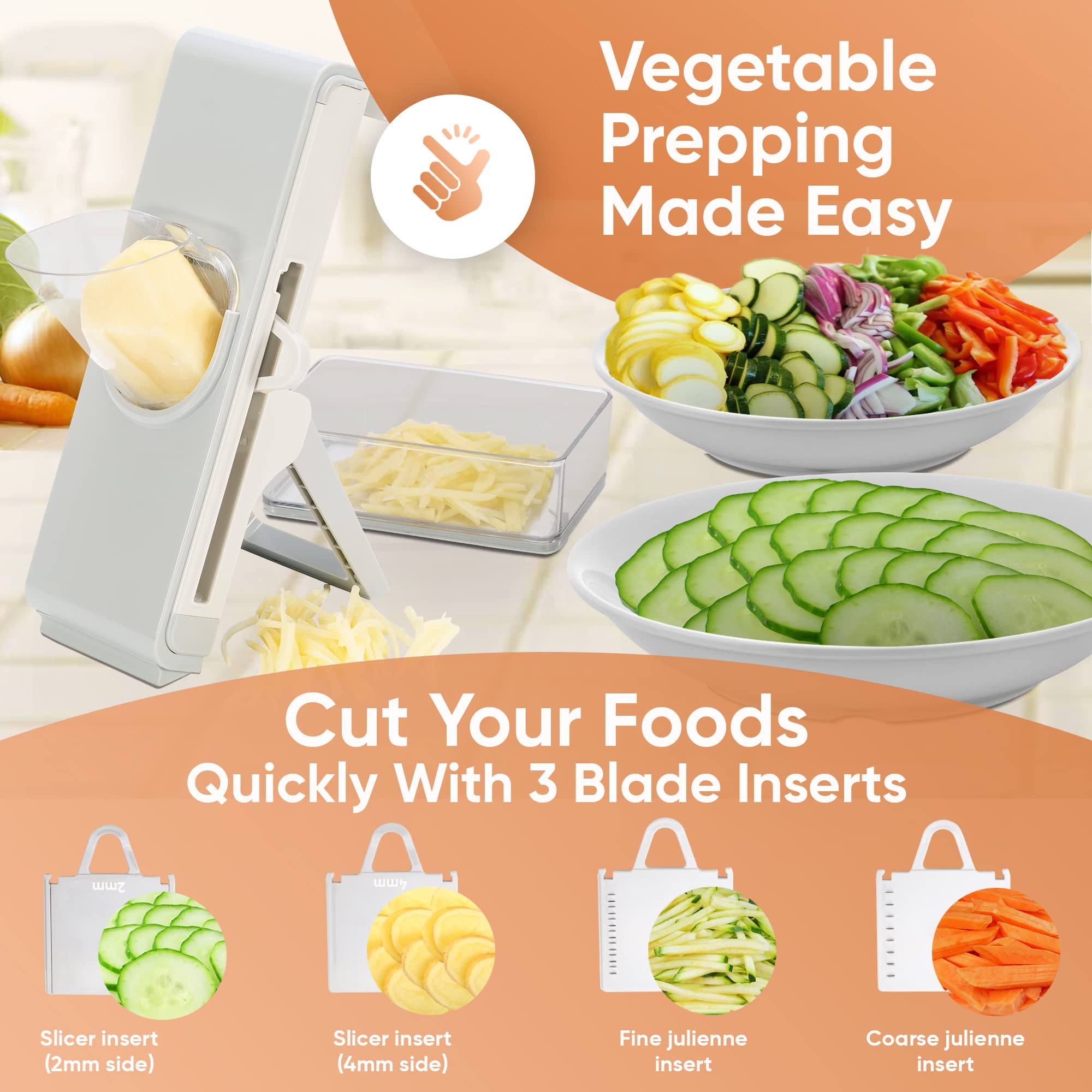 Brieftons Safe Mandoline Slicer for Kitchen, Injury-Free Design, 3 Cutting Modes & 2 Thickness Levels to Slice, Dice, Chop, Julienne Vegetables, with Container/Lid, Cleaning Brush & 5 Recipe Ebooks