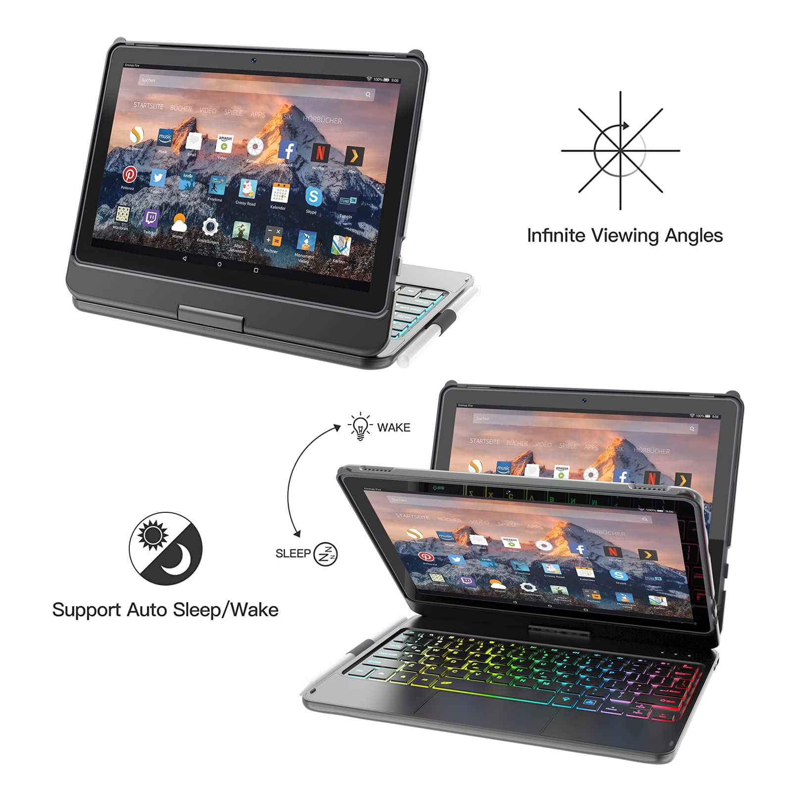 COO Keyboard Case for All-New Fire HD 10/ 10 Plus Tablet (11th Generation 2021 Release) 10.1", 360° Rotatable-7 Colors Backlit Touchpad Keyboard with Pencil Holder for Fire HD 10 Tablet
