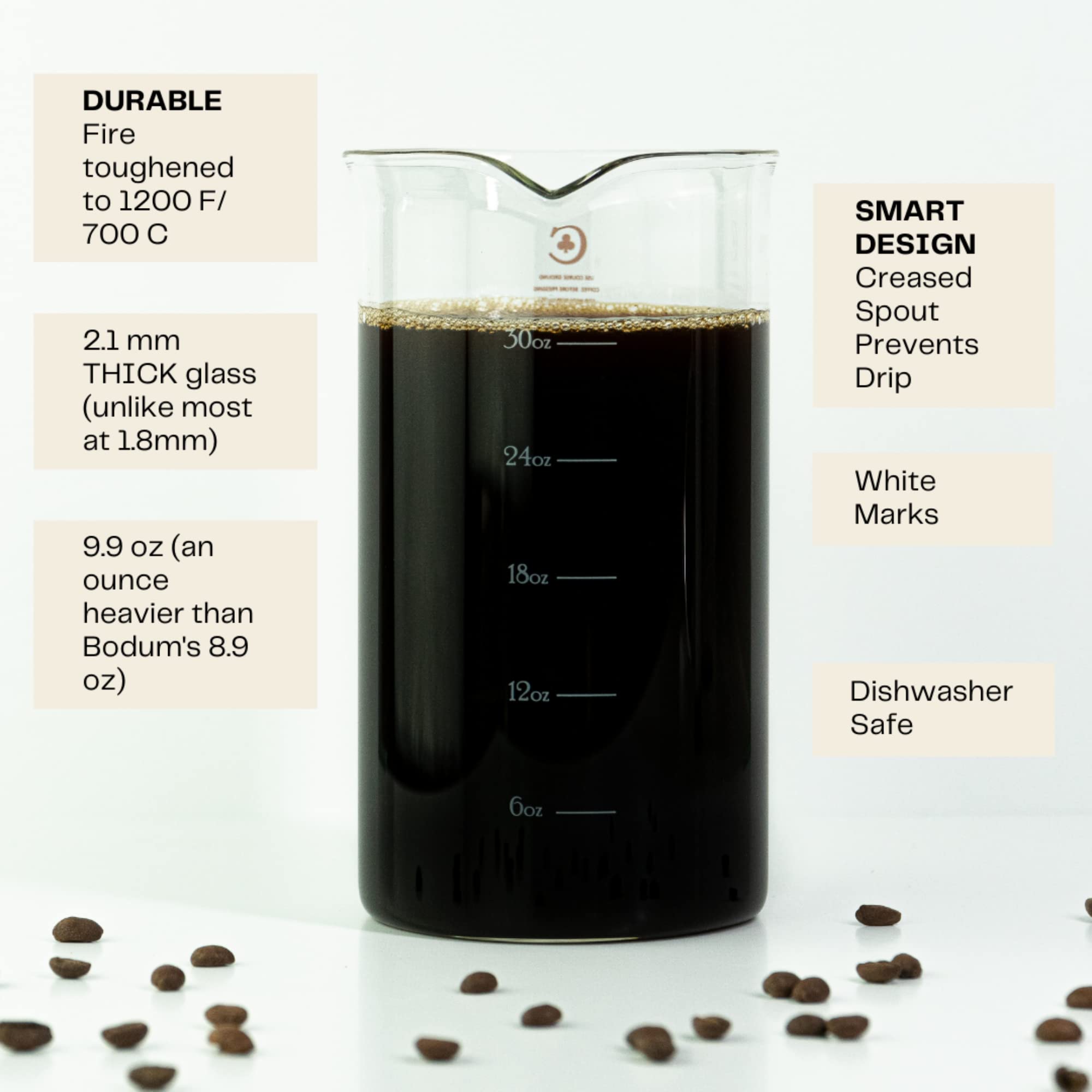 French Press Replacement Glass by Cafe Crush Club - Fire Hardened Borosilicate Beaker - 34 Ounce | 1 Liter Size with White Measures