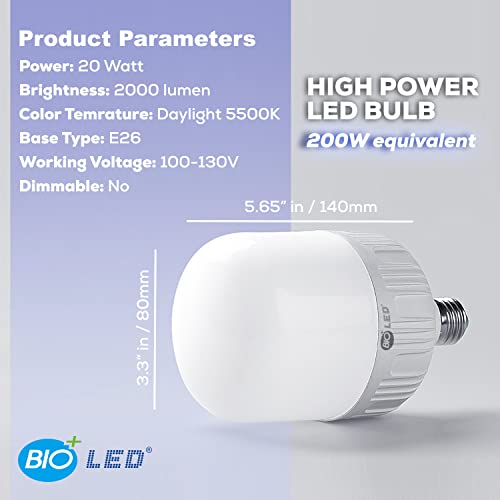 Bioled 20W, E26, 3 Pack, Daylight(5000K), 200 Watt Equivalent, LED Light Bulbs, IP40 Dustproof& Humudity Proof Light Bulbs, Commercial& Residental Bright LED Bulb, Work Light, Garage Light, Home Light