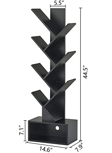 Hoctieon 6 Tier Tree Bookshelf, 6 Shelf Bookcase with Drawer, Free Standing Tree Bookcase, Display Floor Standing Shelf for Books, Book Organizer Shelves for Home Office, Black