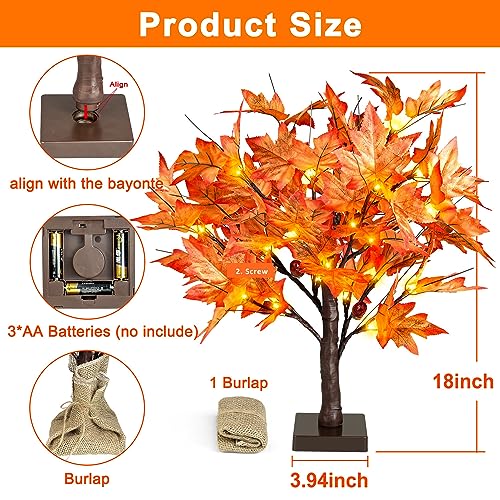 FastDeng 1.5ft Lighted Maple Tree, Artificial Fall Maple Tree with 36 LED Lights, 72 Leaves,6 Acorns, Autumn Tabletop Tree with Burlap Base for Indoor Fall Harvest, Thanksgiving Decorations (2Pack)
