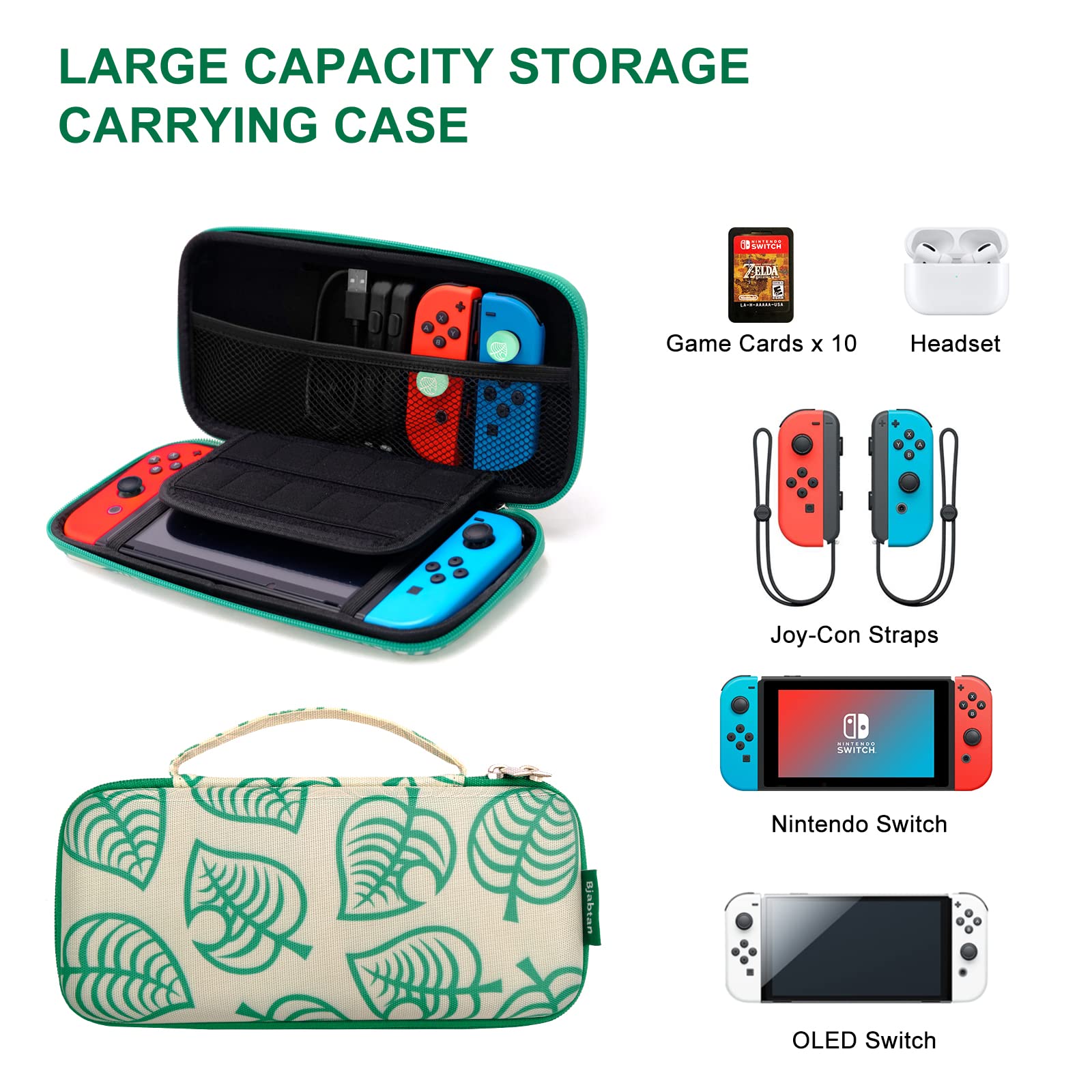 Bjabtan Carrying Case for Nintendo Switch/Switch OLED, Slim Protective Portable Travel Pouch Bag with 10 Game Card Slots, Portable Protective Travel Carry Cover Bag for Switch