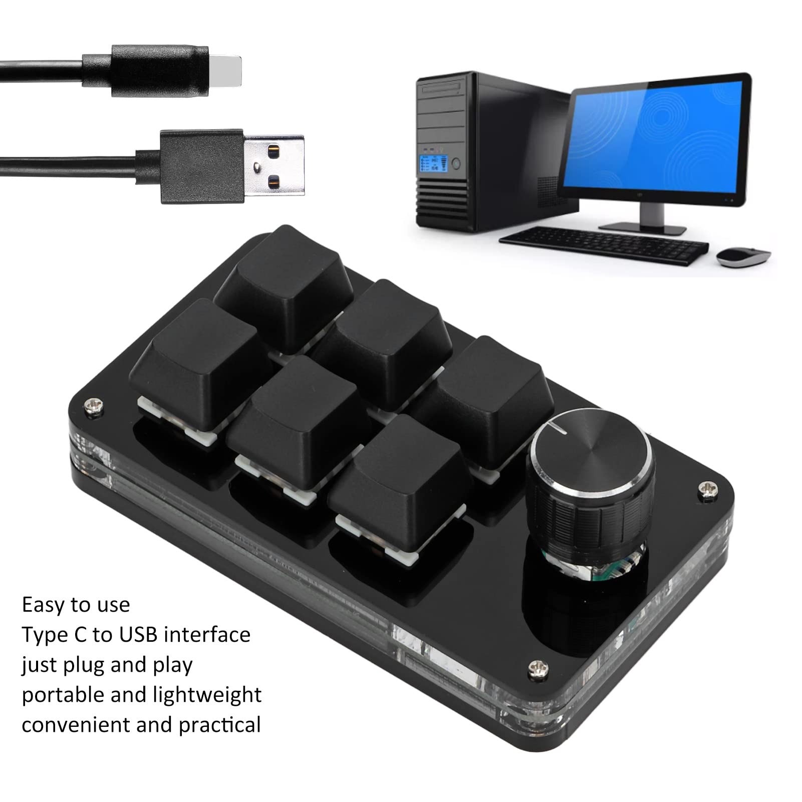 CUEI 6 Keys One Handed Macro Mechanical Keyboard, Mini Portable One Handed Mechanical Gaming Keyboard with Knob & 6 Full Programmable Keys, Plug and Play Multifunctional Programmable Keypad(Black)