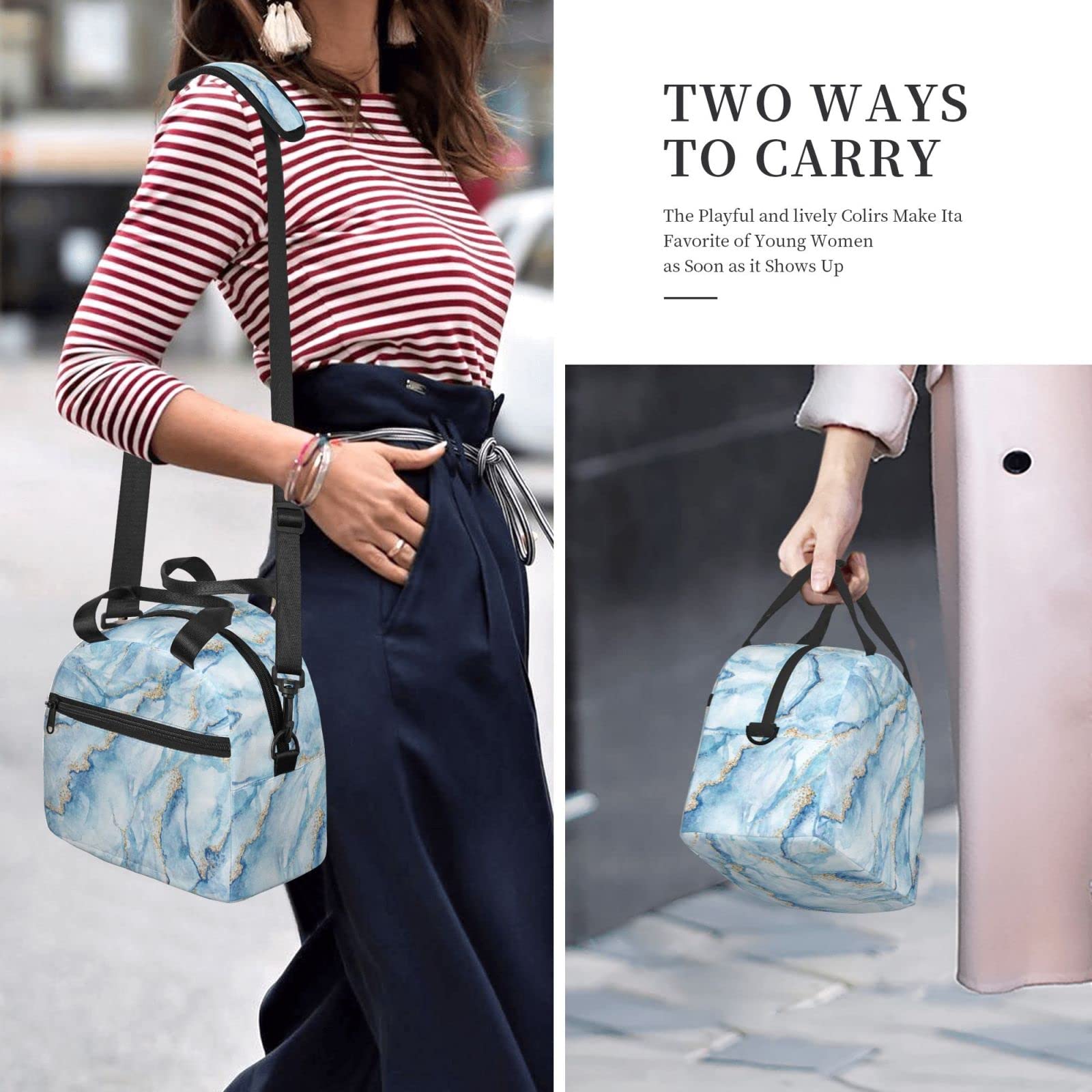 Blue Marble With Gold Glitter Marbling Texture Lunch Bag Reusable Insulated Lunch Tote Bag Lunchbox Container With Adjustable Shoulder Strap For Office Work School Picnic Travel