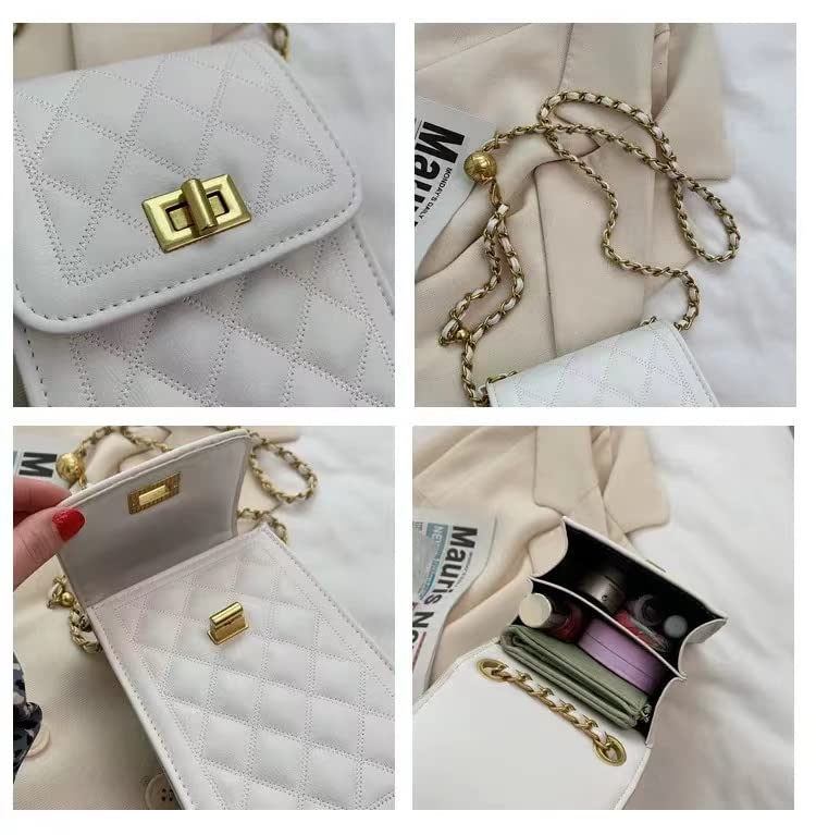 Seagloca 7.9β Women PU Leather Quilted Crossbody Bag Shoulder Bag Phone Wallet Purse Chain Bag Clutch (White)