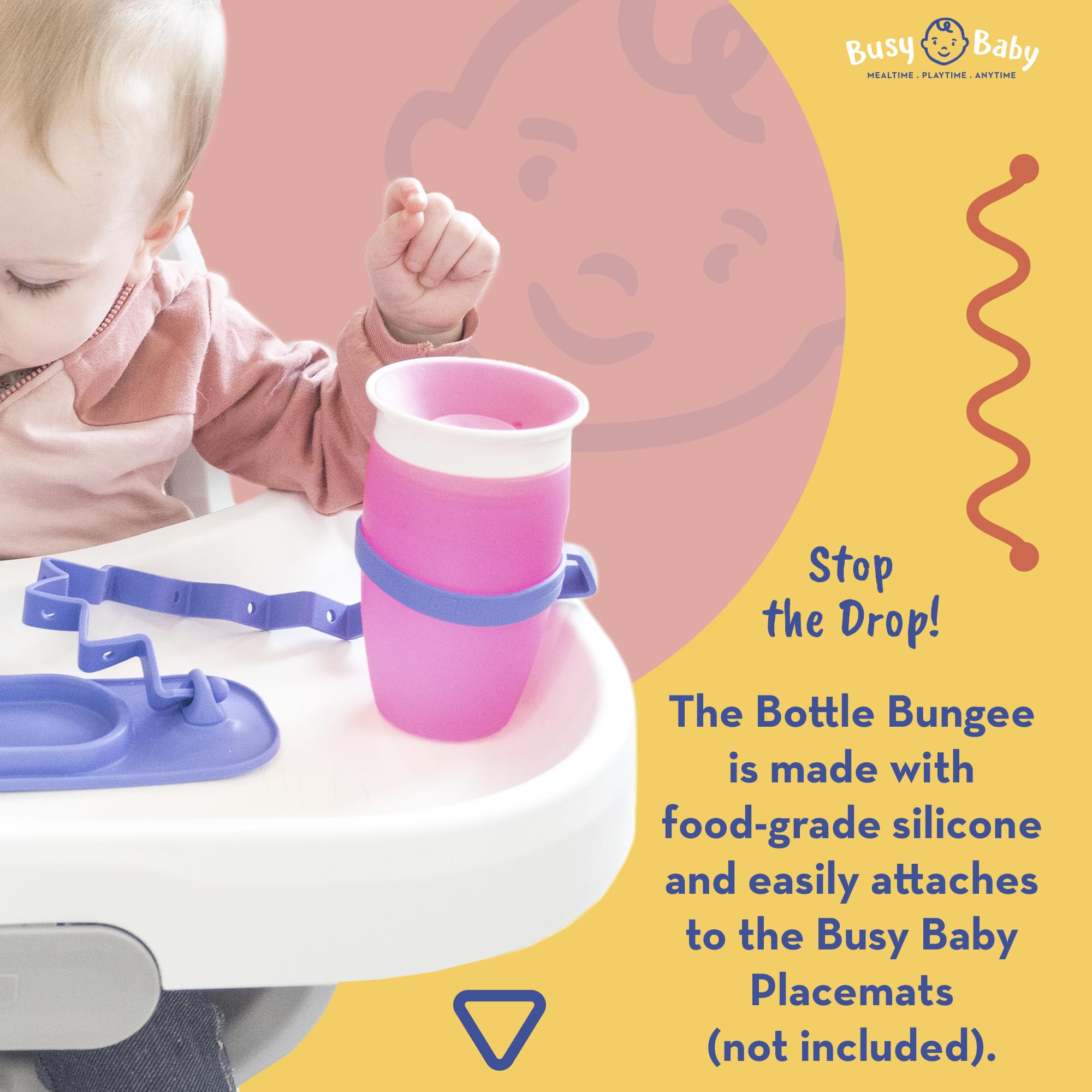 Busy Baby Bottle Bungee - Sippy Cup Strap - Keep Bottles and Sippy Cups Off The Floor - Great for Babies, Toddlers and Kids - Food Grade Silicone - Dishwasher Safe - Pewter
