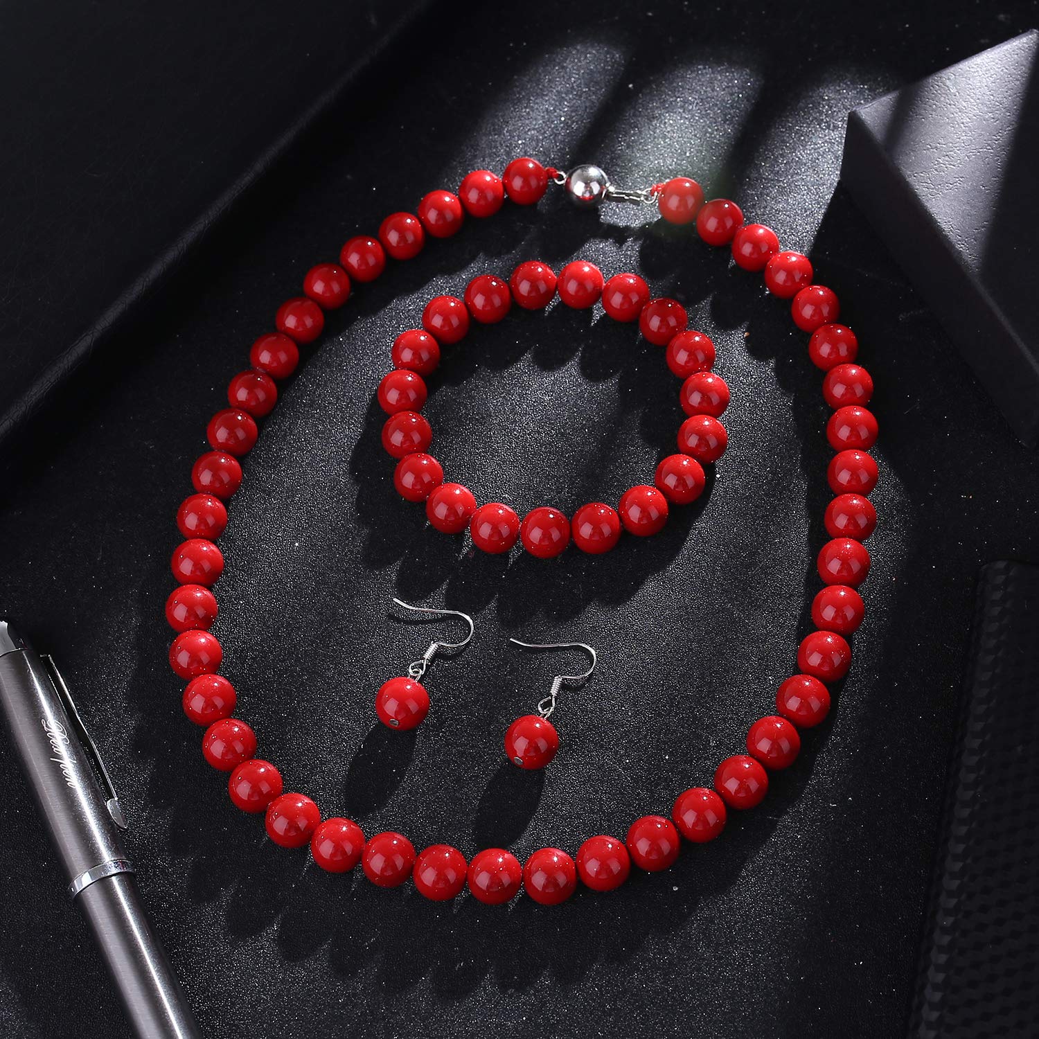 LUREME Fashion Style Pearl Elastic Necklace Bracelet Dangle Earring Set-Red(09000649-7)