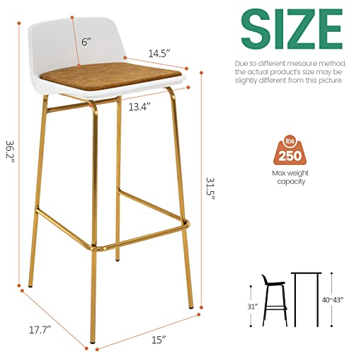 Brage Living Bar Stools 31.5 Inch Set of 2, PP Seat Retro PU Leather Cushion Barstools with Low Back, Armless Bar Height Chairs for Kitchen Dining Cafe with Gold Legs, Yellow and White