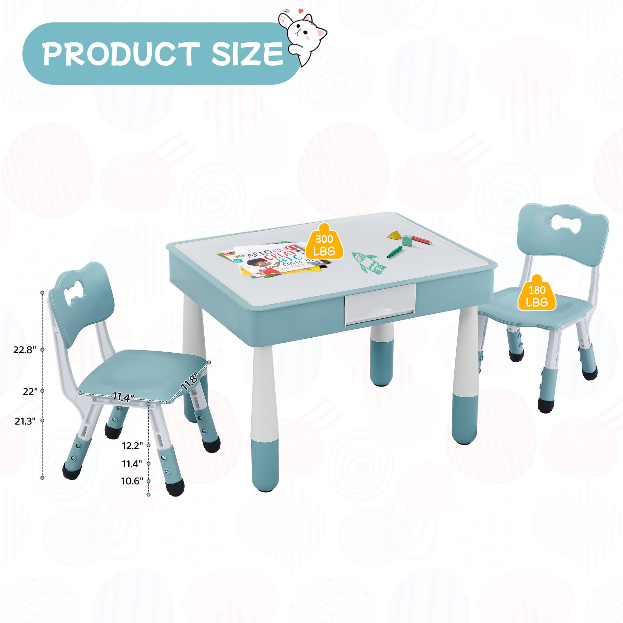 CuFun 4 in 1 Kids Table and 2 Chairs Set, Toddler Table and Chair Set for Kids Ages 3-10, Activity Table for Building Blocks/Drawing/Reading/Dining,Gift for Boy & Girl (Grayish Blue)